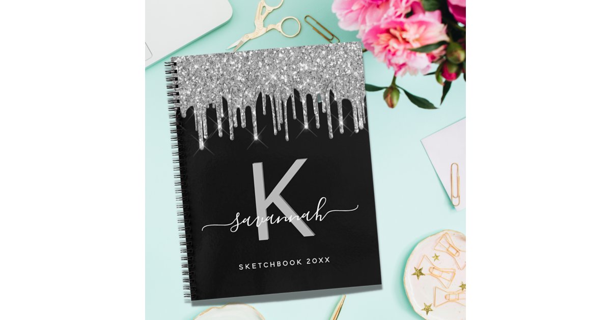 Sketchbook monogram black silver glitter drips notebook | Zazzle
