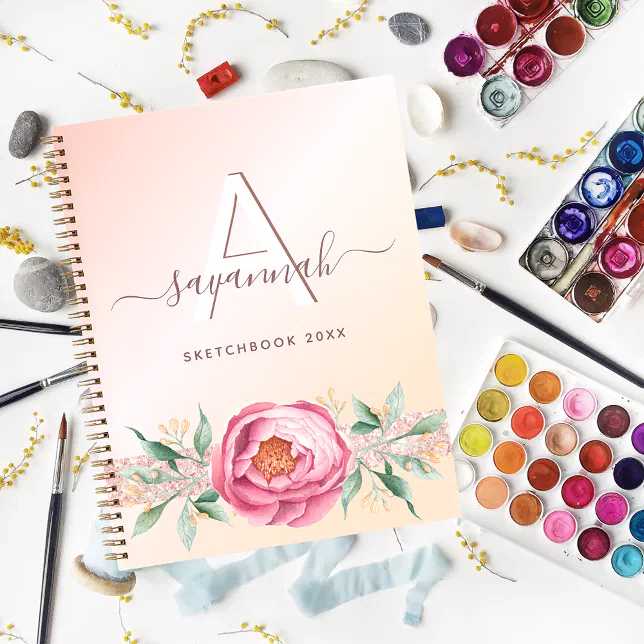 Sketchbook monogram rose gold pink glitter girly notebook | Zazzle