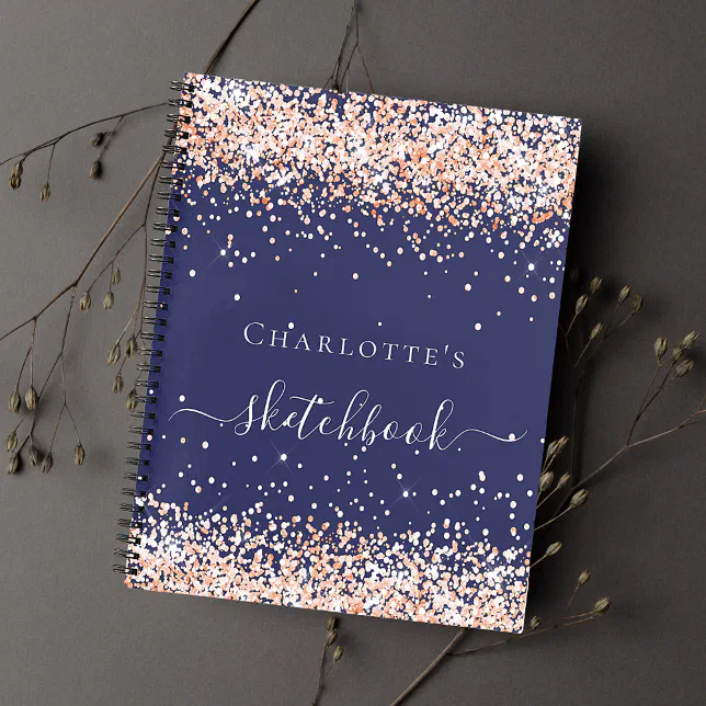 Sketchbook navy blue rose gold glitter name script notebook | Zazzle