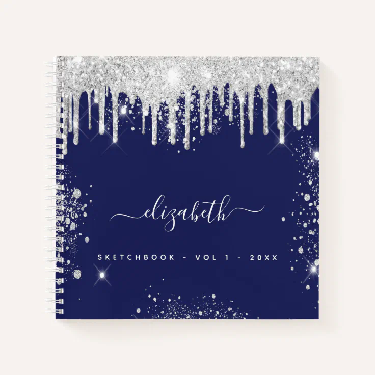 Sketchbook navy blue white monogram name notebook | Zazzle