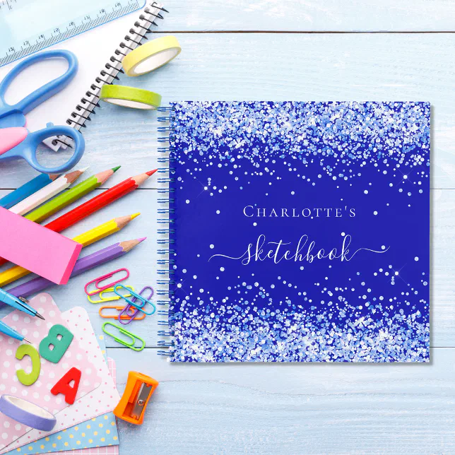 Sketchbook royal blue glitter name script notebook | Zazzle