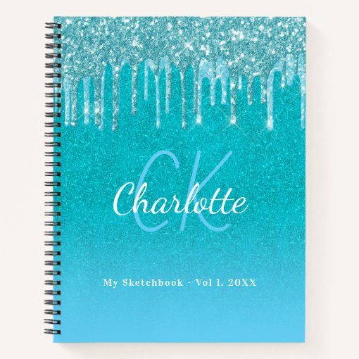 Sketchbook teal blue glitter aqua green monogram notebook | Zazzle