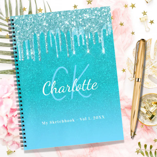Sketchbook teal blue glitter aqua green monogram notebook | Zazzle