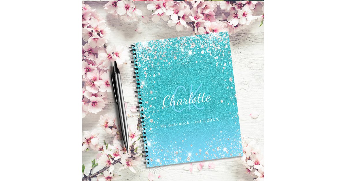 Sketchbook teal blue glitter aqua green name notebook | Zazzle
