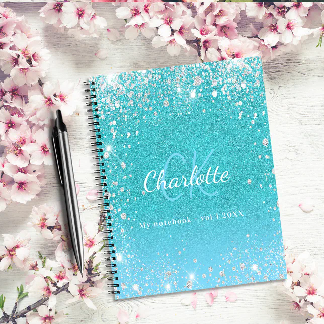 Sketchbook teal blue glitter aqua green name notebook | Zazzle