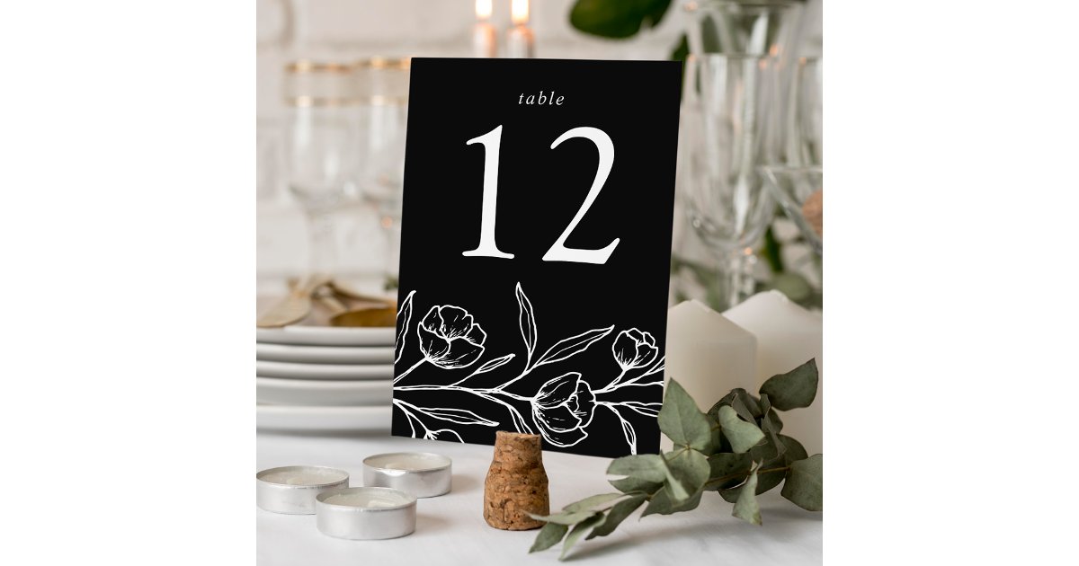 Sketched Black and White Floral Wedding Table Number | Zazzle