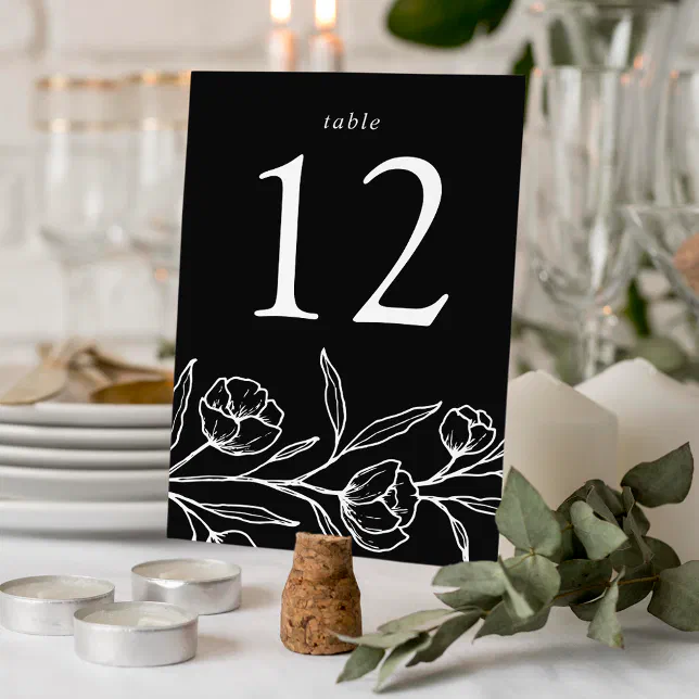 Sketched Black and White Floral Wedding Table Number | Zazzle
