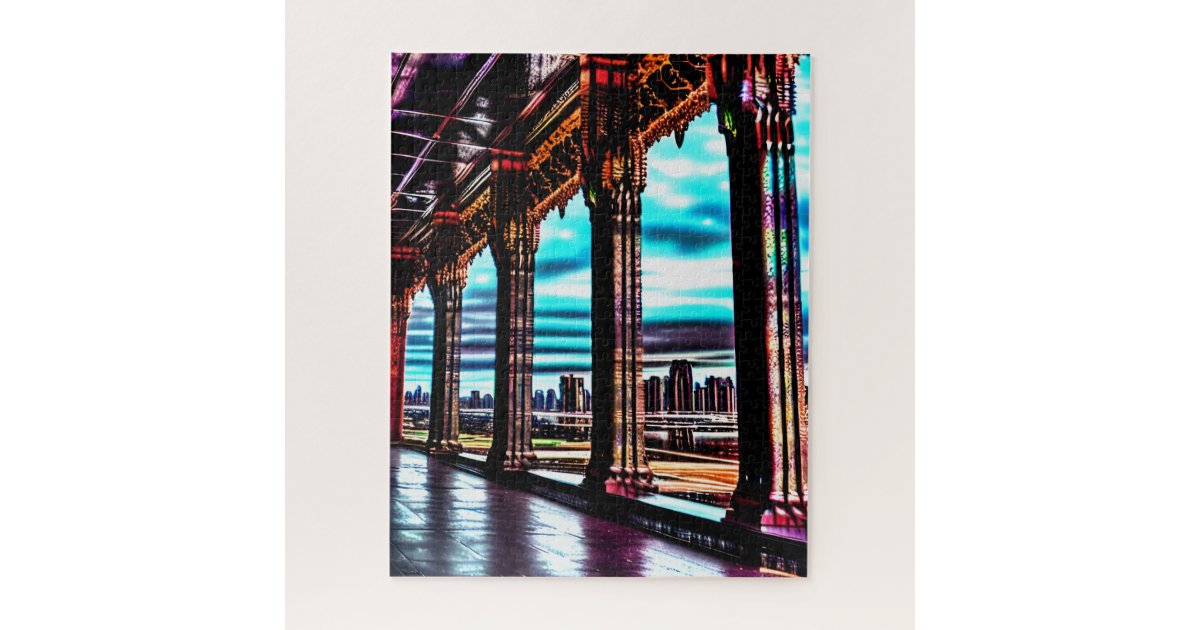 Sketched coloring bright neon fun neat city bridge jigsaw puzzle | Zazzle