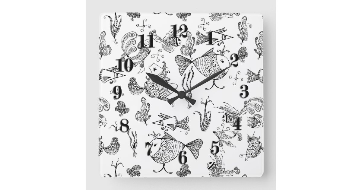 Sketched fairy fantasy fishes creachers plants sea square wall clock ...