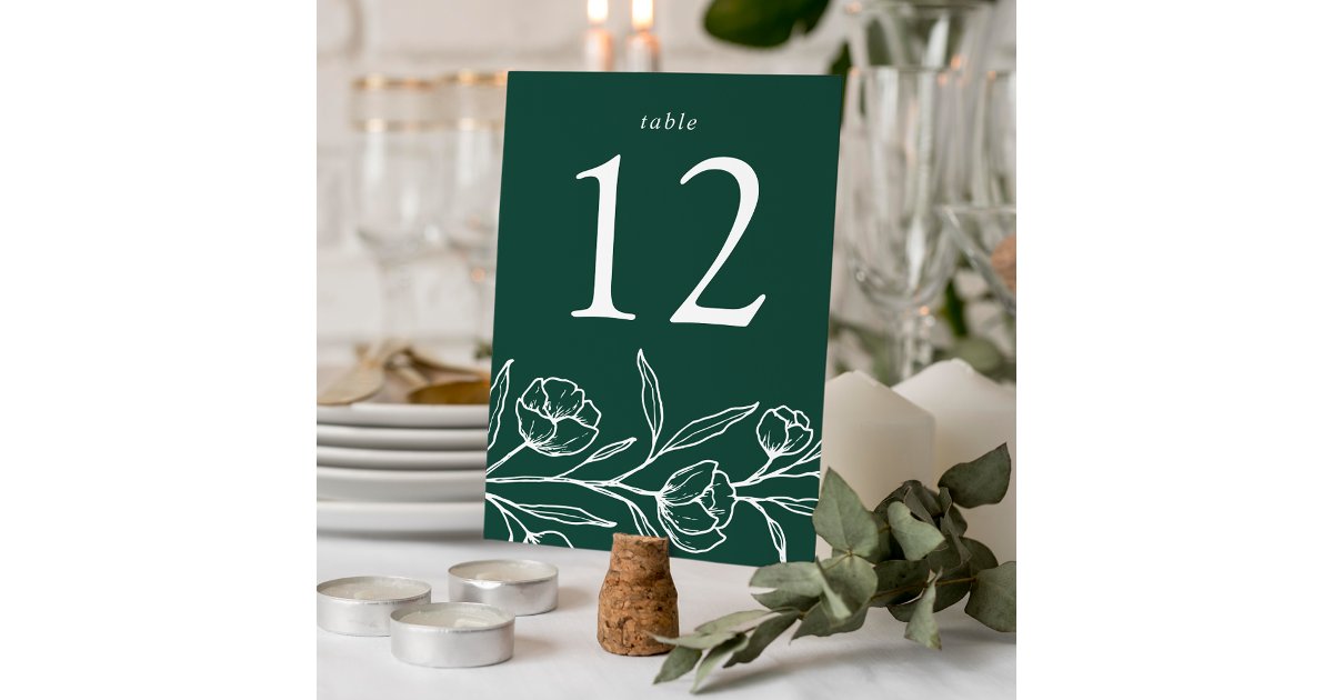 Sketched Floral Green Wedding Table Number | Zazzle