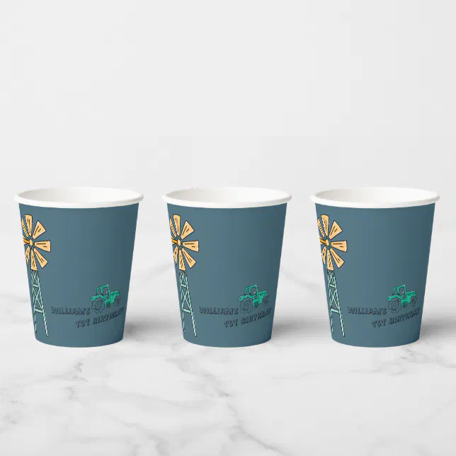 Sketchy Tractor Farm Windmill Birthday Party Paper Cups | Zazzle