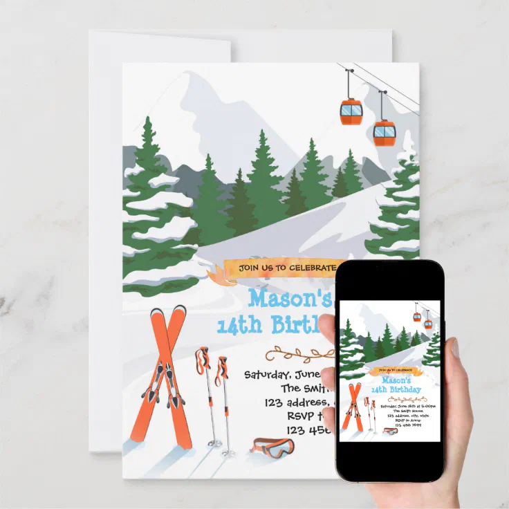 Ski birthday party invitation | Zazzle