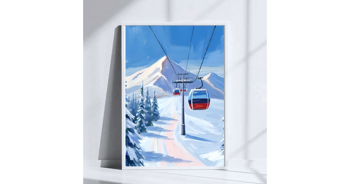 Ski Lift | Snow Mountain Gondola Watercolor Poster | Zazzle