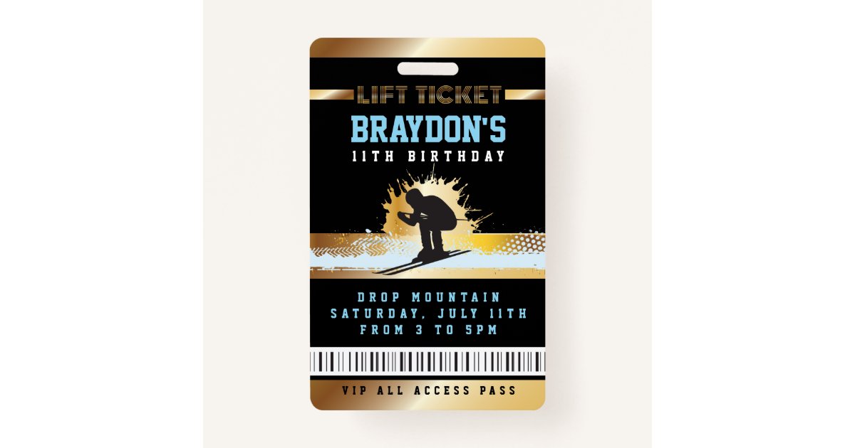 SKI SKIER MOUNTAIN Birthday ALL ACCESS Lift Ticket Badge | Zazzle