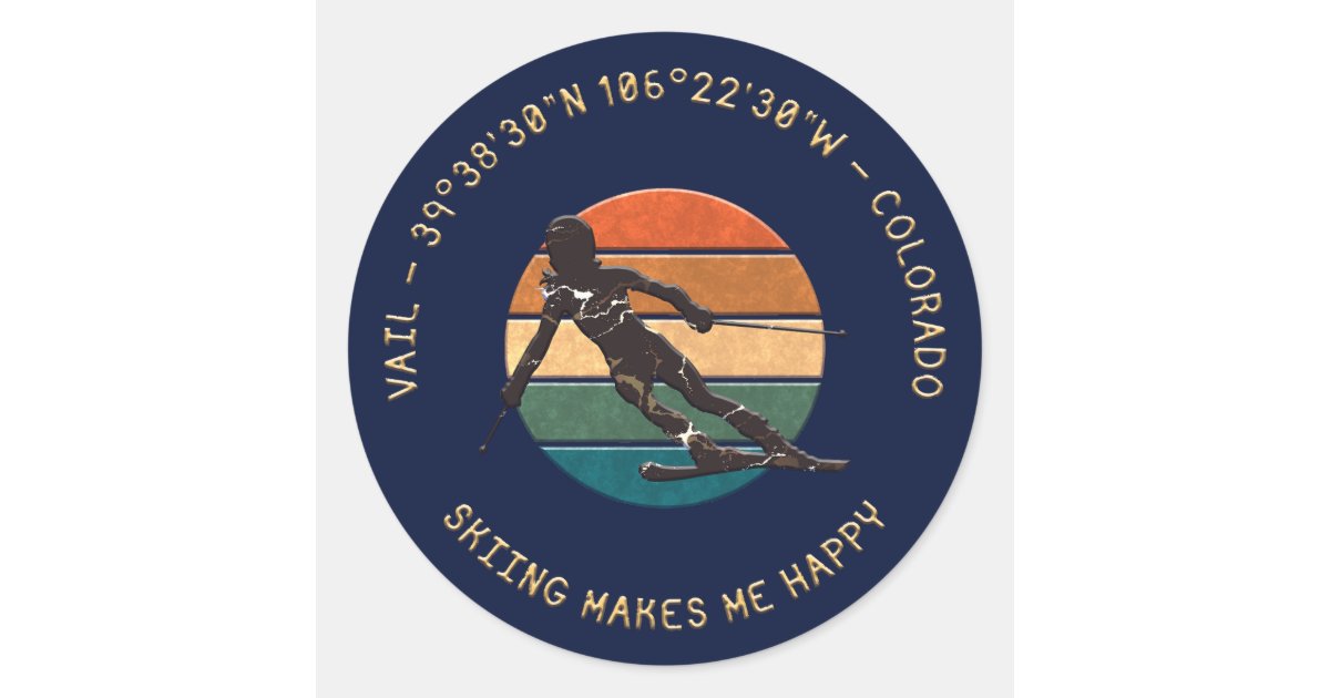 Ski Vail, Colorado - Woman Skier, Golden Text Classic Round Sticker ...