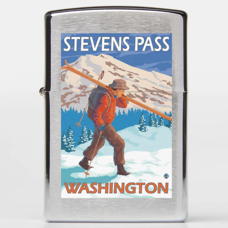 Skier Carrying Snow Skis - Stevens Pass, WA Zippo Lighter | Zazzle