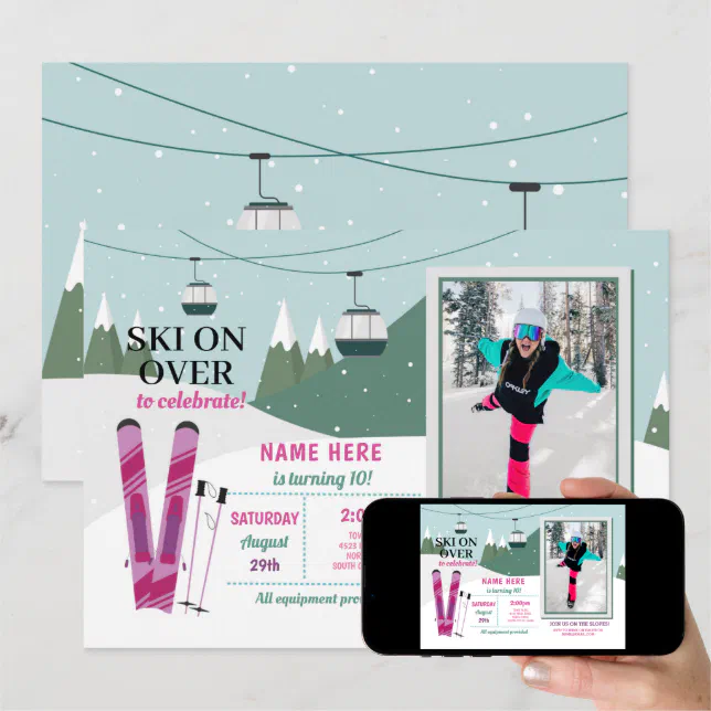 Skiing Birthday Party Girls Ski Snowboard Photo Invitation | Zazzle