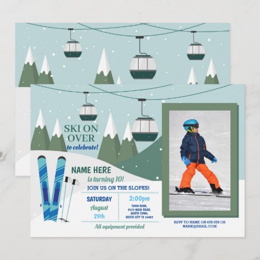 Skiing Birthday Party Slopes Ski Snowboard Photo Invitation | Zazzle