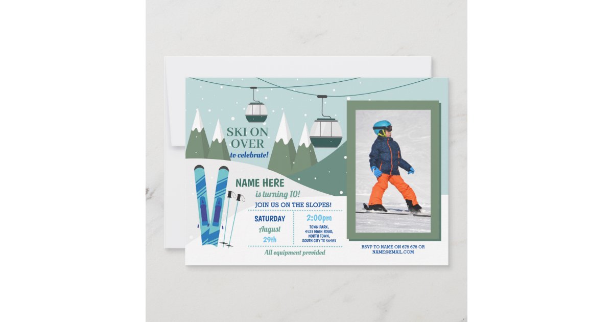 Skiing Birthday Party Slopes Ski Snowboard Photo Invitation | Zazzle