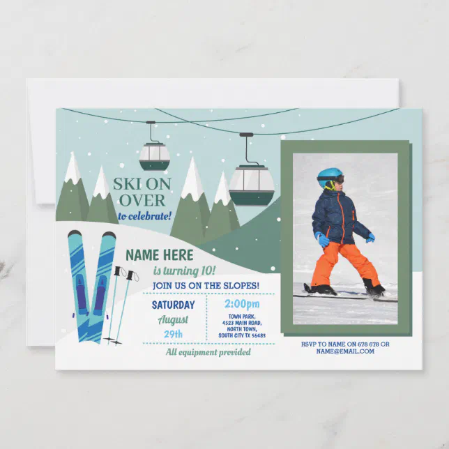 Skiing Birthday Party Slopes Ski Snowboard Photo Invitation | Zazzle