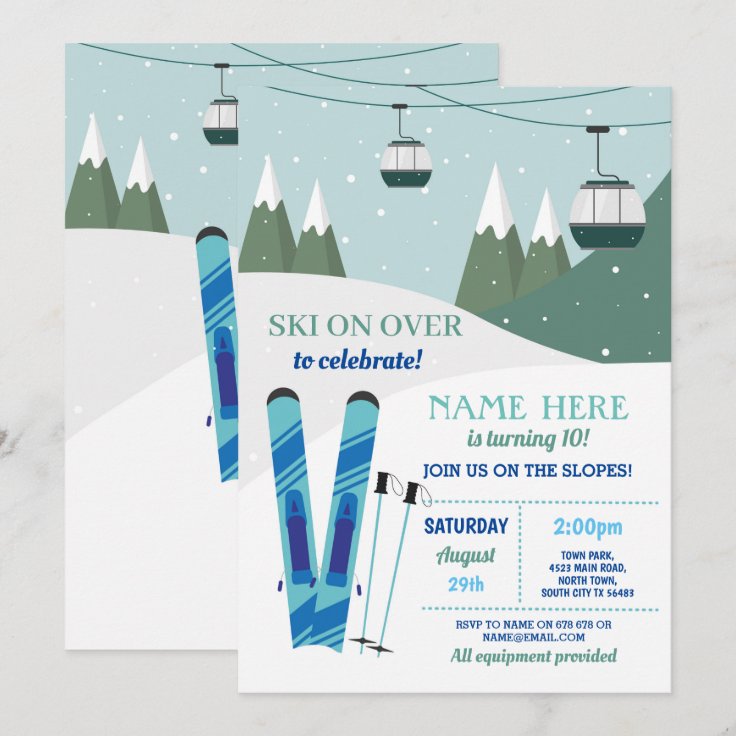 Skiing Birthday Party Slopes Ski Snowboard Snow Invitation | Zazzle