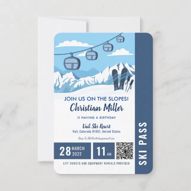 Skiing Birthday Party Slopes Ski Snowboard Ticket Invitation | Zazzle