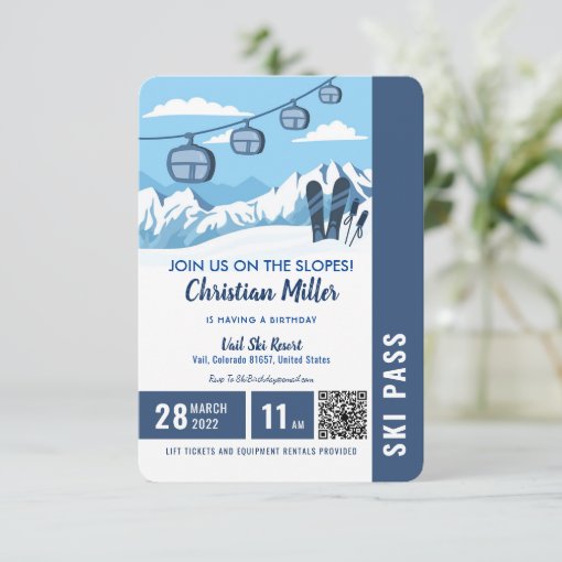 Skiing Birthday Party Slopes Ski Snowboard Ticket Invitation | Zazzle
