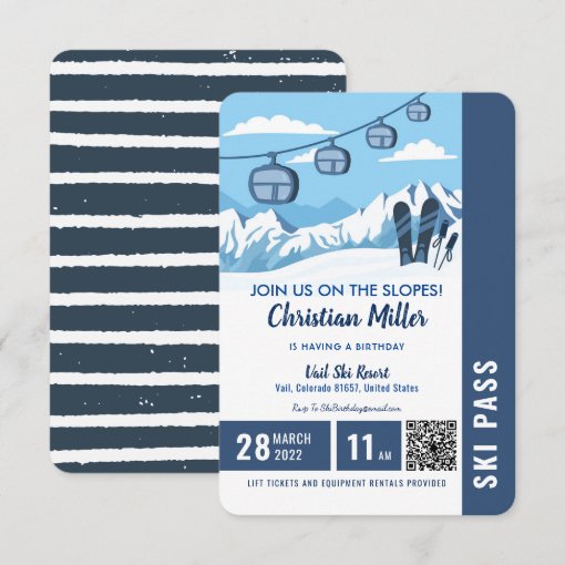 Skiing Birthday Party Slopes Ski Snowboard Ticket Invitation | Zazzle