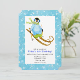 Skiing Penguin Birthday Party Ski Falling Snow Invitation | Zazzle
