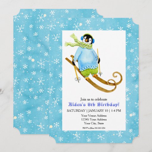 Skiing Penguin Birthday Party Ski Falling Snow Invitation | Zazzle
