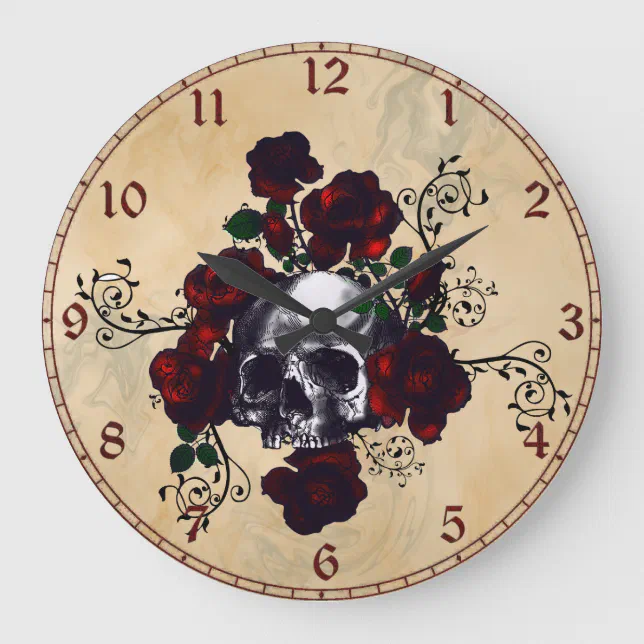 Skull and Roses Tattoo Style Goth Art Large Clock | Zazzle