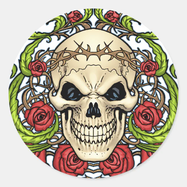 Skull and Roses with Crown Of Thorns by Al Rio Classic Round Sticker ...