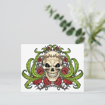 Skull and Roses with Crown Of Thorns by Al Rio Postcard | Zazzle