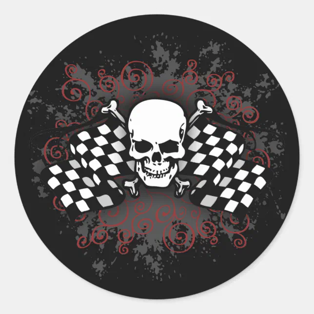 Skull-checkered flags-splat classic round sticker | Zazzle