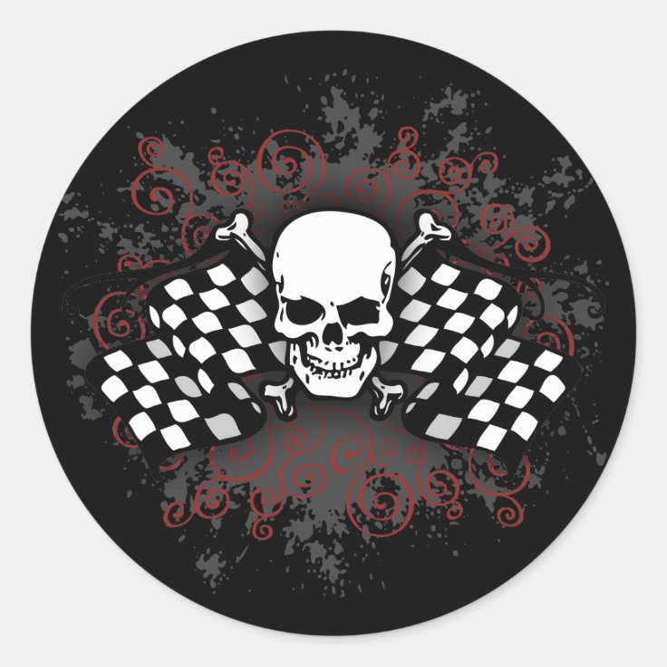 Skull-checkered flags-splat classic round sticker | Zazzle