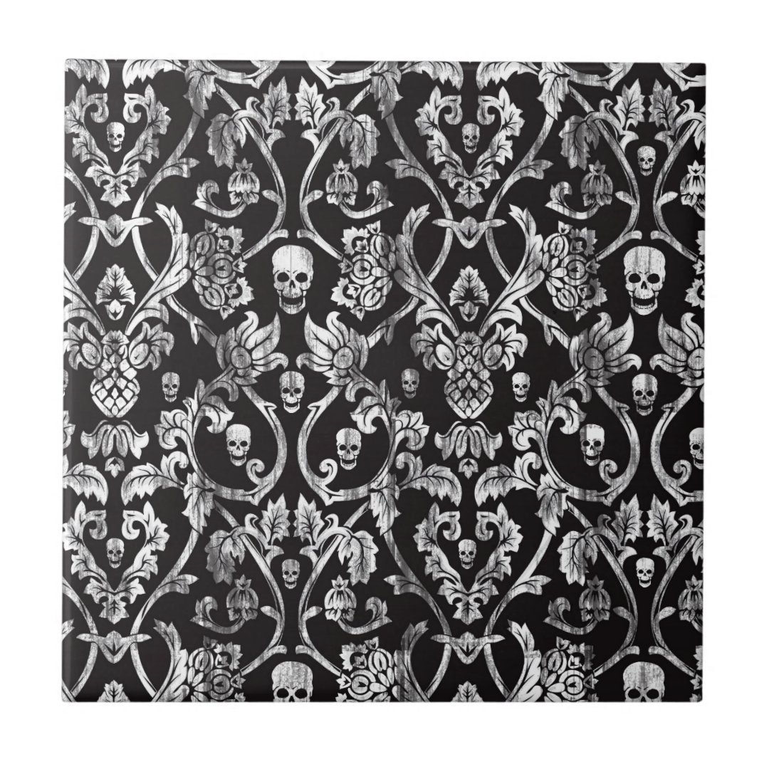 Skull damask in black and white. tile | Zazzle