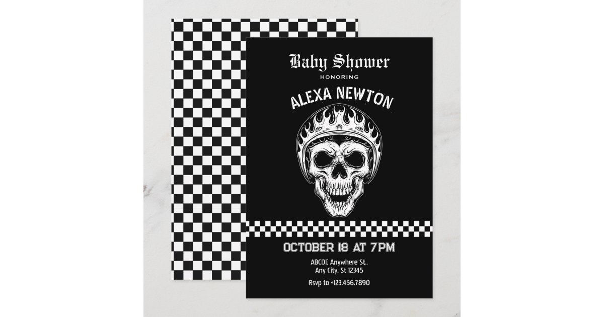 Skull head motorcycle rider baby shower invitation | Zazzle
