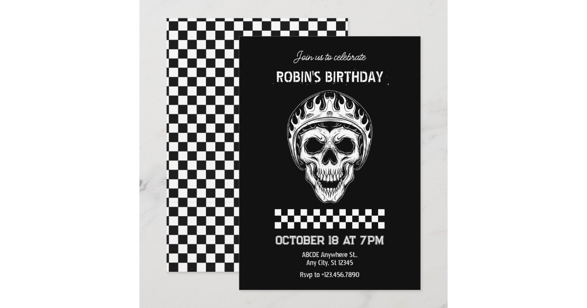 Skull head motorcycle rider birthday invitation | Zazzle