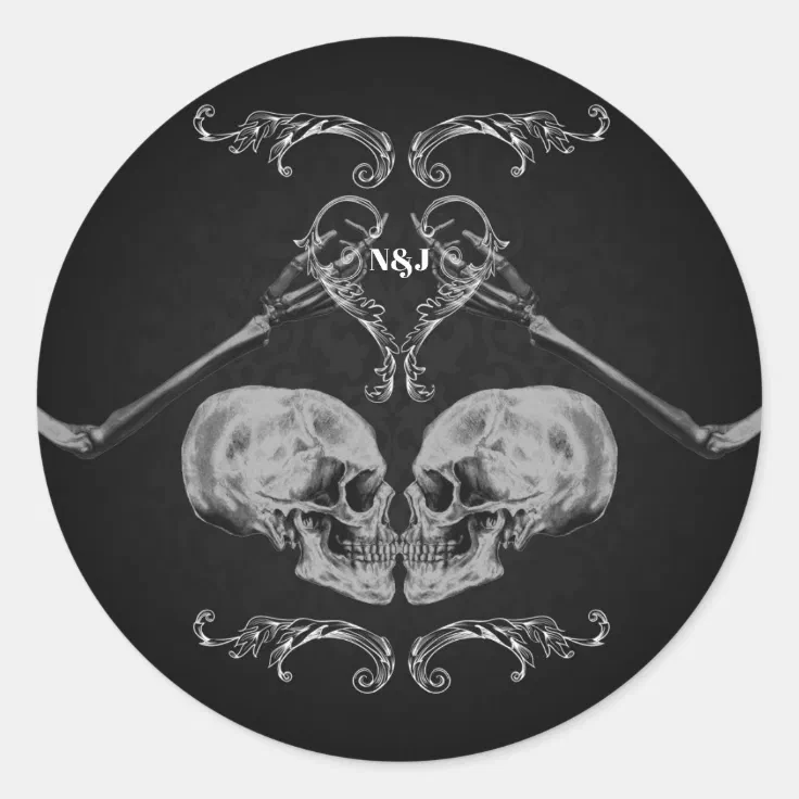 "Skull in Love" Vintage Skeletons Black Wedding Classic Round Sticker ...
