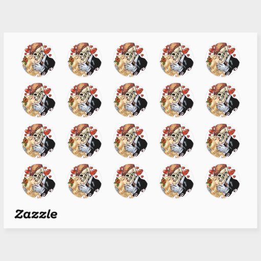 Skull Kiss with Hearts and Roses by Al Rio Classic Round Sticker | Zazzle