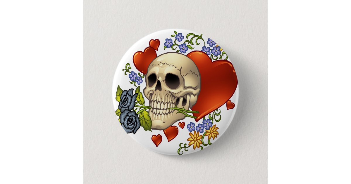 Skull Love - Skulls, Roses and Hearts by Al Rio Button | Zazzle