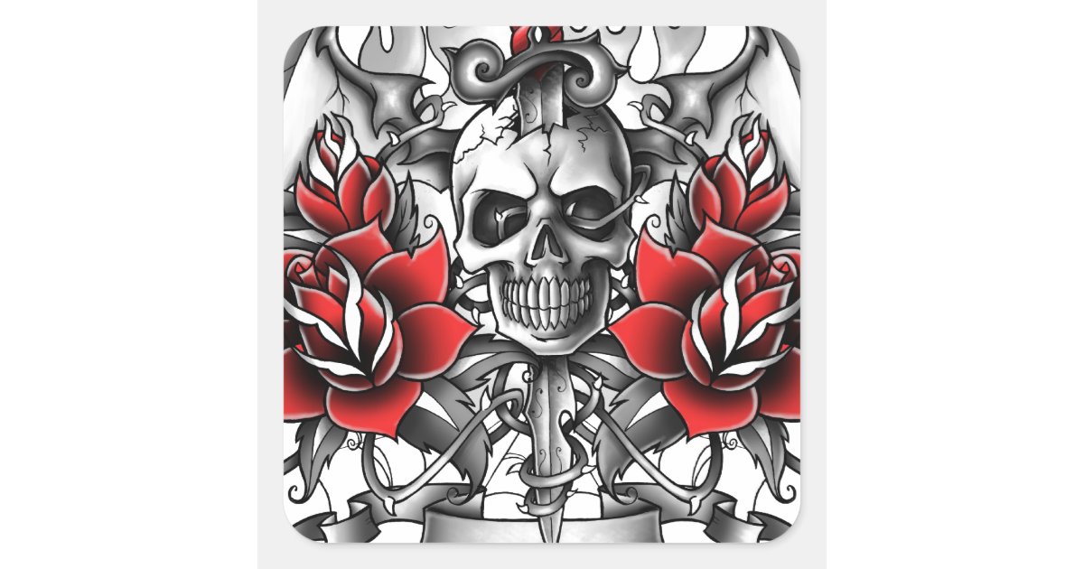 Skull n Dagger with Devil wings Square Sticker | Zazzle