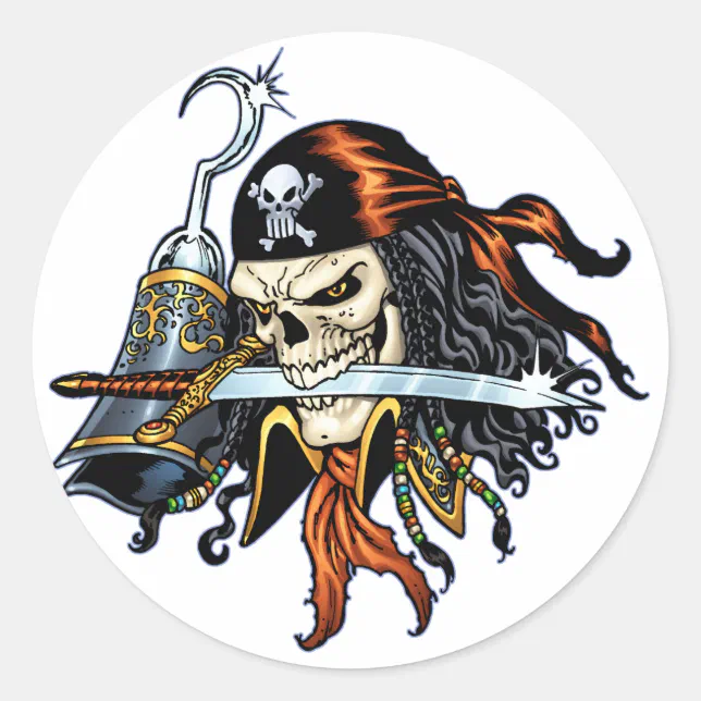 Skull Pirate with Sword and Hook by Al Rio Classic Round Sticker | Zazzle