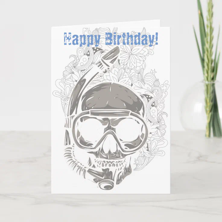Skull Snorkeling, Scuba Diver Happy Birthday Card | Zazzle