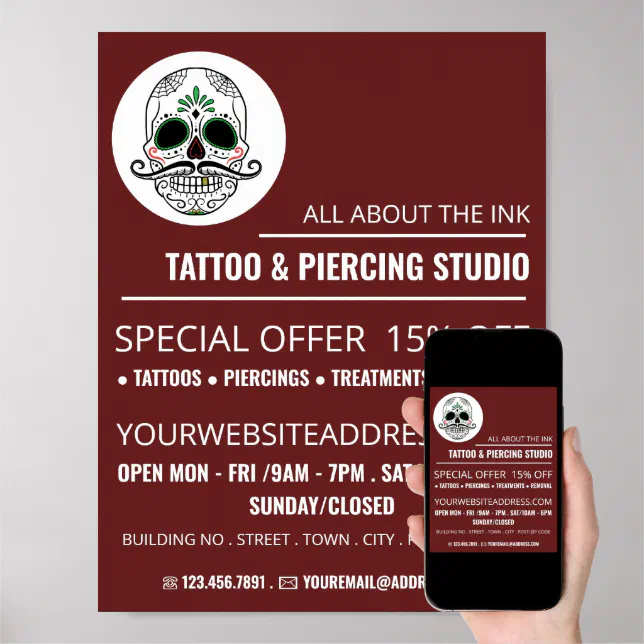 Skull Tattoo, Tattoo & Body Piercing Studio Advert Poster | Zazzle