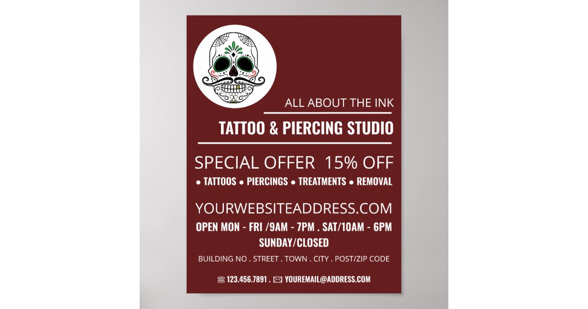 Skull Tattoo, Tattoo & Body Piercing Studio Advert Poster | Zazzle