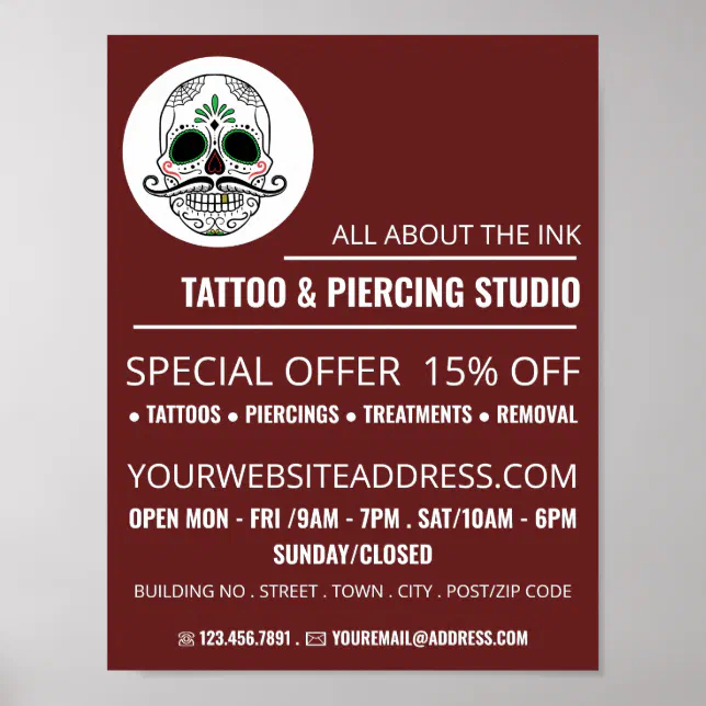 Skull Tattoo, Tattoo & Body Piercing Studio Advert Poster | Zazzle