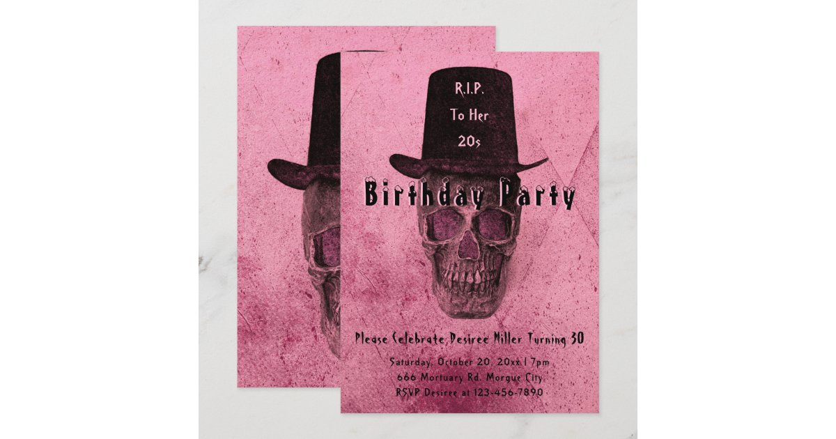 Skull Top Hat Vintage Pink RIP To Her 20s Invitation | Zazzle