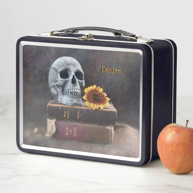 Skull Vintage Books Yellow Sunflower Gothic Metal Lunch Box | Zazzle