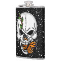Skull with Monarch Butterflies Black Background Flask | Zazzle